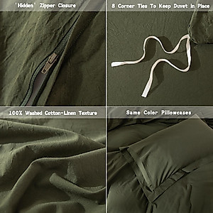Warm Moment Olive Green Duvet Cover Queen Size, 100% Washed Cotton Bedding Set Cover 1 Duvet Cover 90inch x 90inch with Zipper Closure and 2 Pillowcases, Olive Green