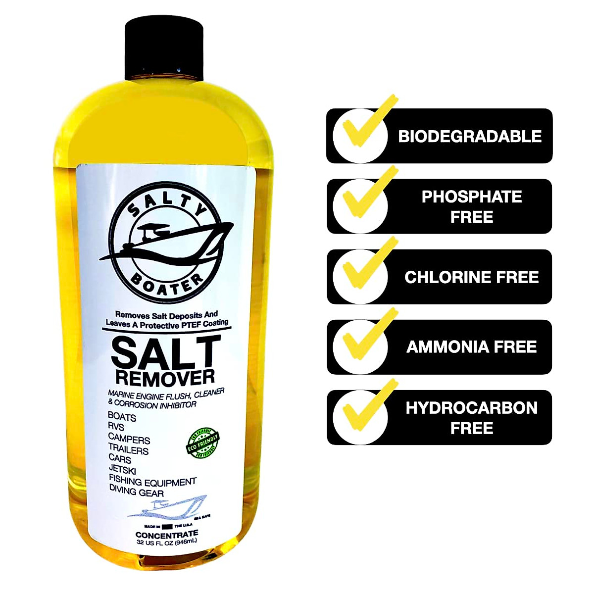 Salty Boater - Salt Remover for Boats - Boat Soap Marine - Salt Away for Boats - Salt Remover Engine Flush - Boat Cleaner - Boat Cleaning Supplies (32oz) Color May Vary