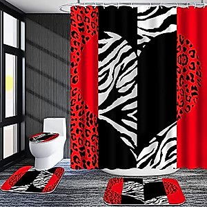 Poedist 4 Pcs Bathroom Shower Curtain Set,Red Leopard Print Shower Curtain Bright Style Shower Curtain Sets with Rugs(Bath Mat,U Shape and Toilet Lid Cover Mat) and 12 Hooks
