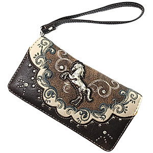 Zelris Western Mustang Horse Turquoise Women Crossbody Wrist Trifold Wallet (Brown)
