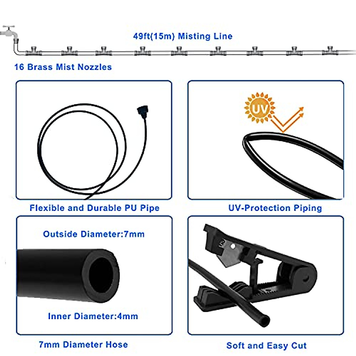 HEMYLU Misting Cooling System, 50FT (15M) Misting Line + 16 Brass Mist Nozzles + Quick Installation Kit Misting System for Outdoor Patio Garden Greenhouse