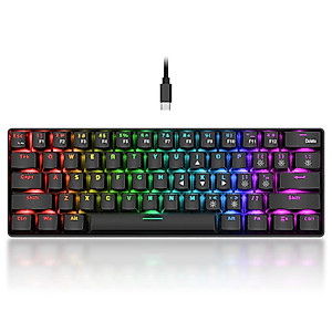 RedThunder 60% Wired Mechanical Gaming Keyboard, 61 Keys Ultra-Compact Keyboard, PBT Keycaps, RGB Backlight for PC (Brown Switch, Black)