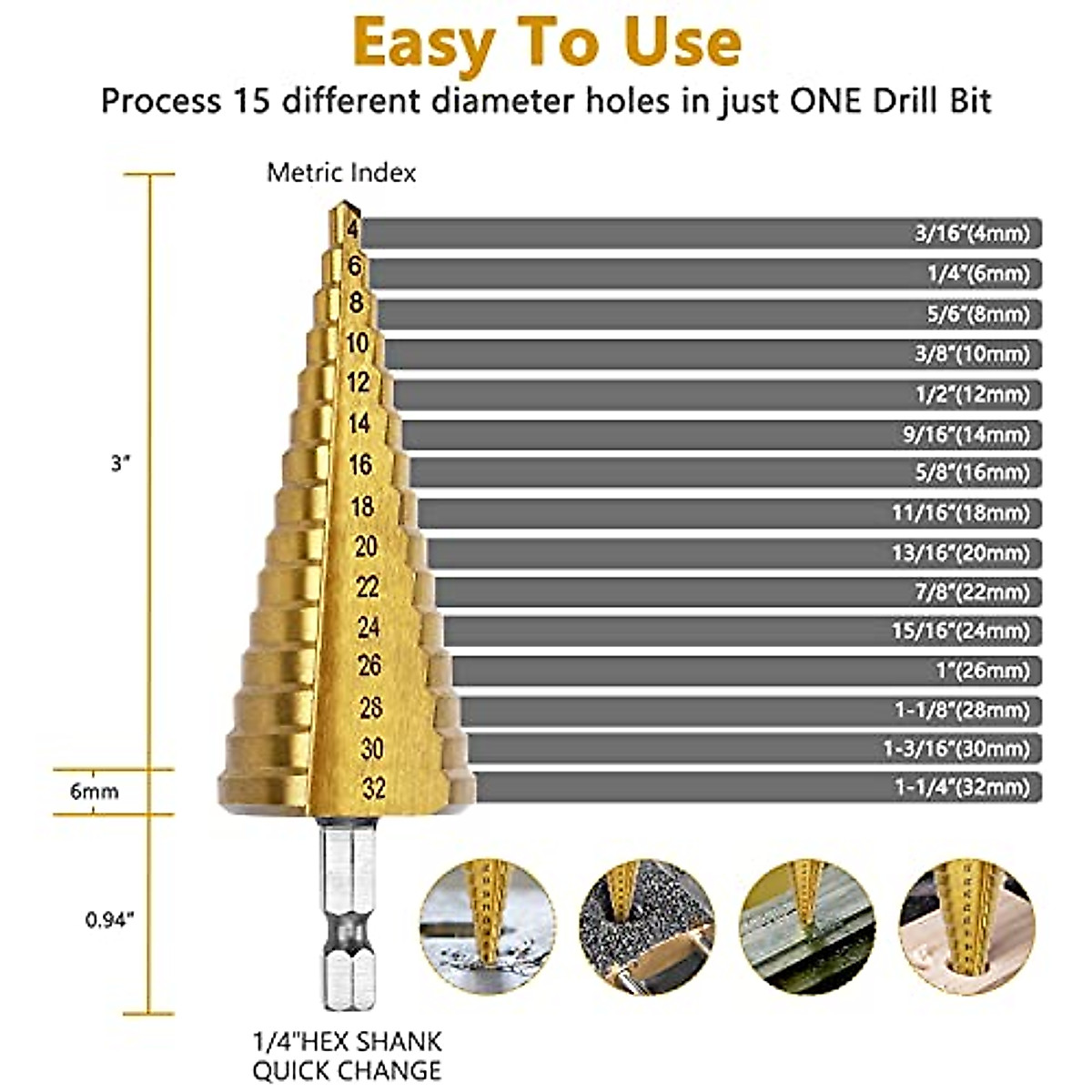 PRECIHW 15 Sizes Step Drill Bit, 4mm-32mm (3/16" to 1-1/4") Titanium Coated Multi Step Drill Bits for Sheet Metal Hole Drilling, HSS Multi Size Unibit Drill Bits for Metal, Aluminium and Wood