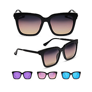 DIFF Bella Designer Oversized Square Sunglasses for Women UV400 Polarized Protection w/giftable travel case, Black + Twilight Gradient