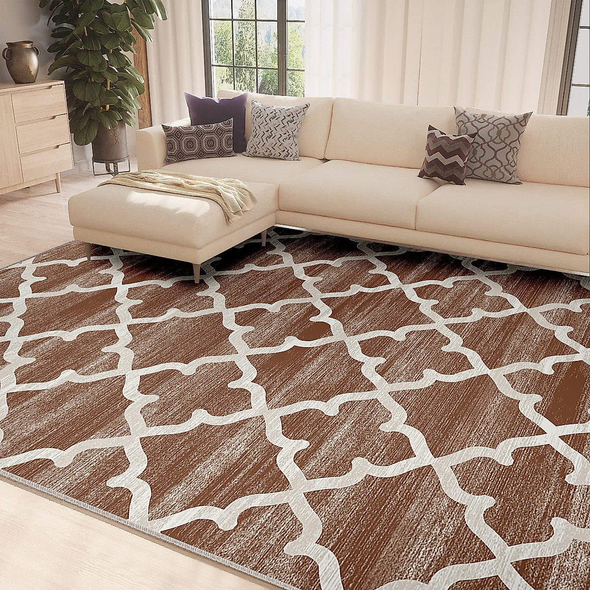 RELEANY 8x10 Area Rugs for Living Room Machine Washable Non-Slip Brown Rugs Moroccan Modern Trellis Carpet for Dining Room Bedroom Kitchen Indoor Entryway Laundry Room
