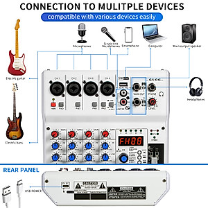 6-Channel Audio Mixer with 99 Sound Effects for PC,Portable Sound Mixing Console with Bluetooth USB Recording Input for Live Streaming,Podcasting,DJ Show