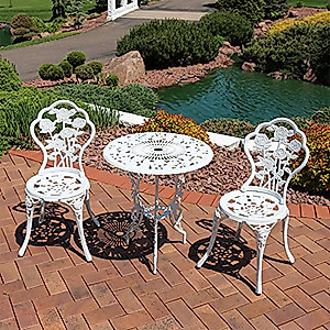 Sunnydaze 3-Piece Flower Designed Bistro Table Set with 2 Chairs, Outdoor Cast Aluminum, White