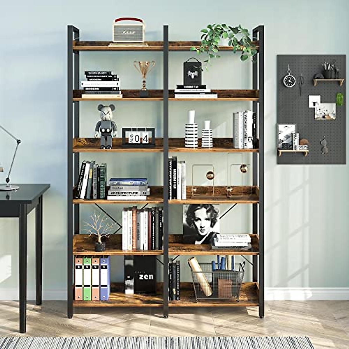 Seventable Bookshelf 6 Tier with 4 Hooks, 69” Industrial Wooden Bookcase, Vintage Storage Rack with Open Shelves, Rustic Standing Bookshelves Metal Frame 47.3” Wide Display Rack, Rustic Brown