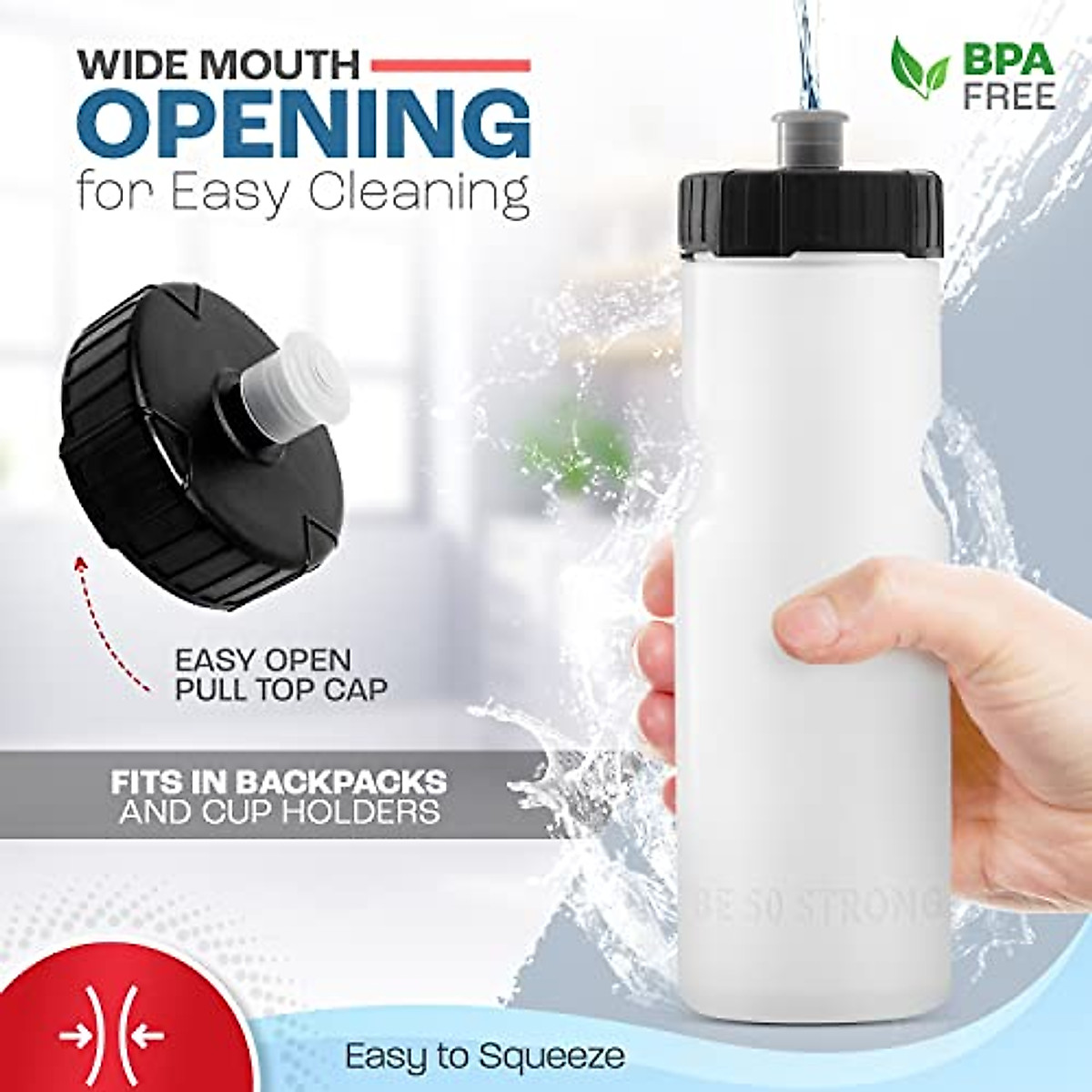 50 Strong Sports Water Bottle | 6 Pack of Reusable Squeeze Water Bottles | 22 oz. BPA-Free Plastic Bottles with Pull Top Cap | Made in USA | Top Rack Dishwasher Safe | Fits Most Bike Cages (Clear)