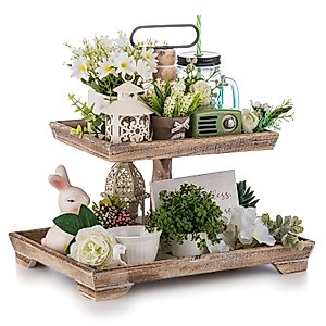 Hanobe Tiered Tray for Table Decor: 2 Tier Easter Serving Stand Farmhouse Decorative Tray for Coffee Bar Centerpiece Rectangle Wood Display Stands Kitchen Counter (Brown)