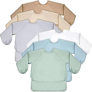 Jeyiour 6 Pack Long Sleeve Baby Bibs Mess Proof Bib Washable Feeding Bib Weaning Smock for Baby Infant Toddler (Simple Style)
