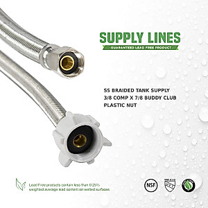 Highcraft CNCT27416-OM1 Hose Connects to Water, Braided Stainless Steel Supply Line, 3/8 Compression x 7/8 Female Balcock Nut Toilet Connector 16 Inch
