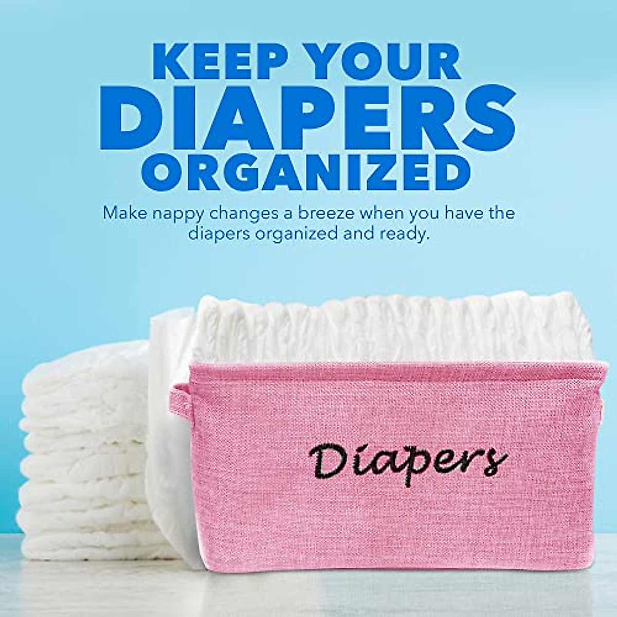 Dejaroo - Baskets for Organizing Diapers and Newborn Essentials, Baby Diaper Caddy Organizer, Embroidered Baby Shower Gifts for Moms, Linen Basket with Handle, 12 x 6 x 6 Inches, Pink