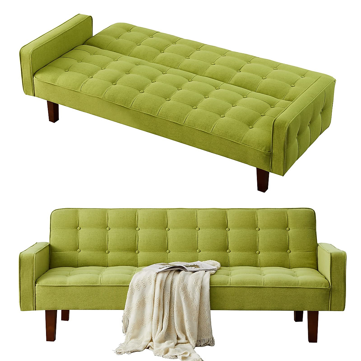 Setawix Linen Futon Sofa Couch Bed Button Tufted Convertible Sleeper Sofa Beds Reclining Armed 3 Seater Sofas Couches for Living Room Bedroom Apartment Small Spaces (Green)