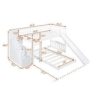 Harper & Bright Designs Twin Over Twin Bunk Beds with Slide and Stair, Solid Wood Low Bunk Bed with Storage Drawers and Guardrails for Kids Teens Bedroom, Guest Room Furniture (No Box Spring, White)