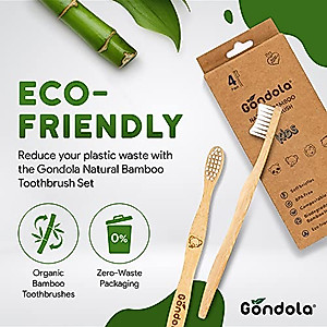 Gondola Kids Bamboo Toothbrushes Soft Bristles – Vegan Organic Eco Friendly Tooth Brush for Kids with Fun Animals Designs & Lightweight, Smooth Bamboo Handles – Zero Waste Packaging – 4 Pack