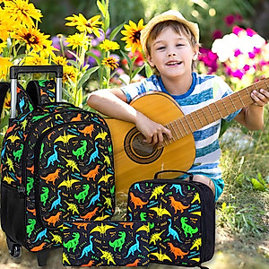 ZLYERT 3Pcs Dinosaur Rolling Backpack for Boys, Kids School Backpacks with Wheels, Roller Bookbag with Lunch Box for Elementary Preschool(Black)