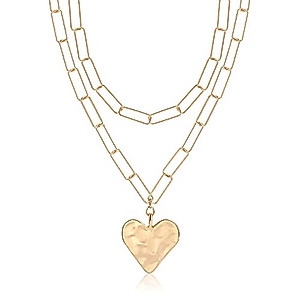 YAHPERN Layered Rectangle Paper Clip Chain Link Choker Statement Hammered Heart Pendant Necklace Minimalist Chunky Thick Chain Jewelry For Woman (gold)