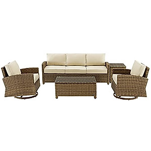 Crosley Furniture Bradenton 5-Piece Wicker Outdoor Sofa and Swivel Rocker Patio Furniture Set for Porch, Brown with Sand Cushions