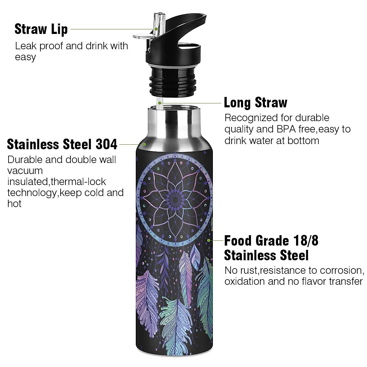 Yasala Water Bottle Dream Catcher Purple Feather Coffee Thermos Stainless Steel Insulated Beverage Container 20 oz with Straw Lid BPA-Free for Sport, Travel, Camping, Back to School