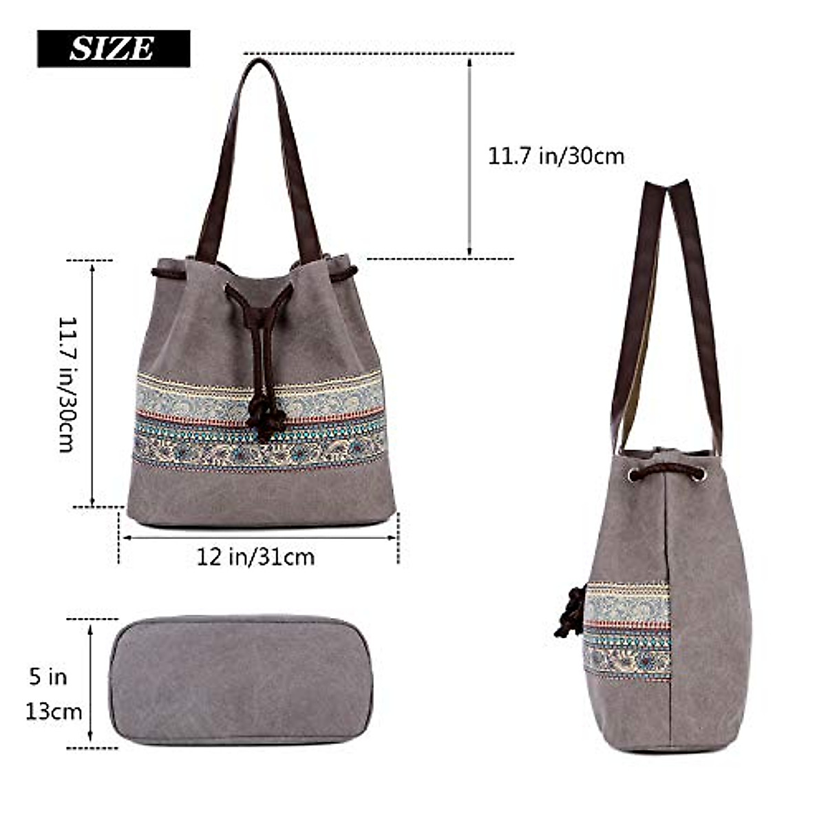 ArcEnCiel Canvas Tote Bag for Women Shoulder Purse Beach Handbags Work School Travel Shopping Pack (Gray)