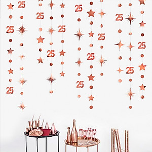 Rose Gold 25th Birthday Decorations Number 25 Circle Dot Twinkle Star Garland Metallic Hanging Streamer Bunting Banner Backdrop for Girls Twenty Five Year Old Birthday 25th Anniversary Party Supplies