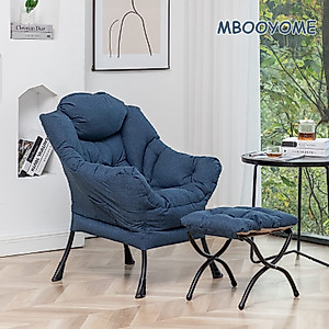 MBOOYOME Lazy Chair with Ottoman, Modern Soft Reading Chair Accent Contemporary Lounge Leisure Sofa Chair with Armrests and a Side Pocket for Living Room, Bedroom, Dorm & Office, Dark Blue