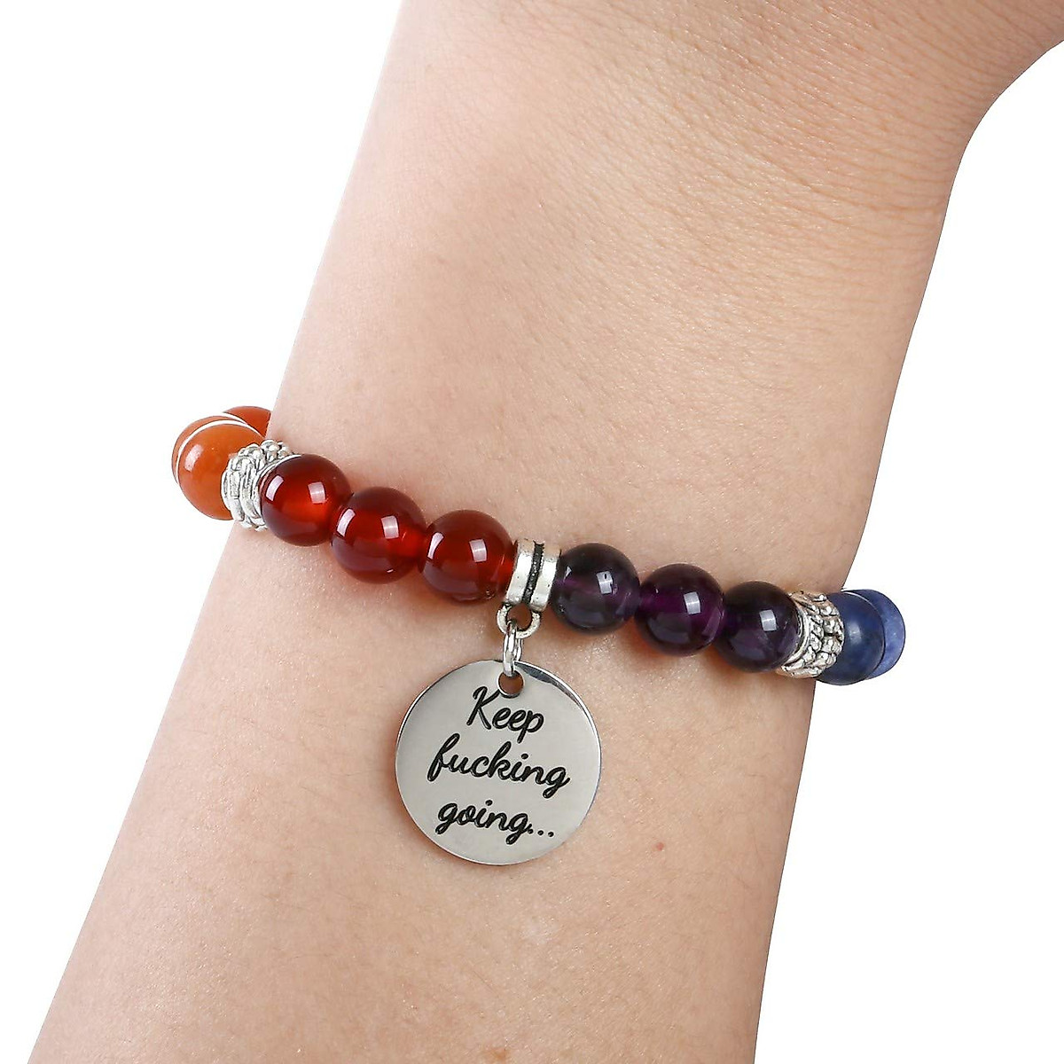 Top Plaza 7 Chakra Stone Bead Bracelets Yoga Reiki Healing Crystals Gemstone Beaded Bracelet Friendship Inspirational Message Charm Bracelet for Women Men - Keep Going