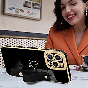 ZIYE for iPhone 13 Pro Max Luxury Electroplated Case with Strap Love Heart Plating Gold Bumper Cover for Women Girls Anti-Scratch Shockproof Back Phone Case for iPhone 13 Pro Max 6.7 Inch