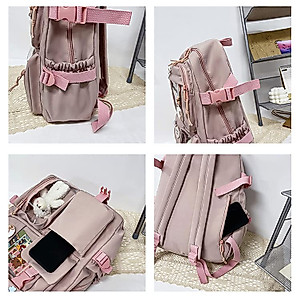 Kawaii Backpack with Kawaii Pin And Accessories, Cute Preppy Travel Backpack for Girls School with Plush Pendant (Beige)