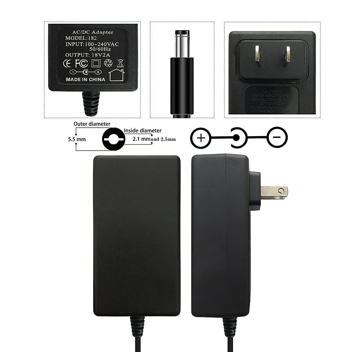 18V 2A 36W AC/DC Power Supply Adapter, Wall, Center Positive DC Plug 5.5x2.1mm 5.5mmx2.5mm Compatible for 18 Volt 1A 1.1A 1.2A 1.3A 1.4A 1.5A 1.6A 1.7A 1.8A 1.9A 2A 1000mA~2000mA Equipment (6 ft)