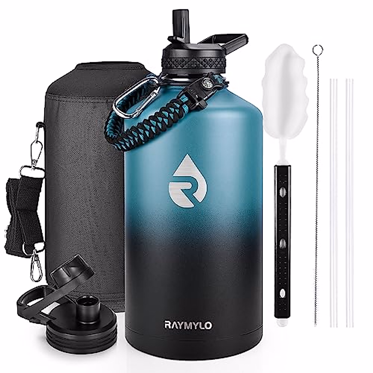 RAYMYLO One Gallon Water Bottle Insulated, Triple Walled Vacuum Stainless Steel (Cold for 48 Hrs), Leak Proof & BPA-Free, Large Water Flask Jug with Paracord Handle & Straw Spout Lids