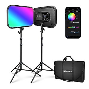 NEEWER 18.3" RGB LED Video Light Panel with App Control Stand Kit 2 Packs, 360° Full Color, 60W Dimmable 2500K~8500K RGB168 LED Panel CRI 97+ with 17 Scene Effect for Game/YouTube/Zoom/Photography