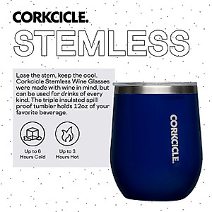 Corkcicle Stemless Insulated Wine Glass Tumbler, Gloss Midnight Blue, 12 oz – Stainless Steel Stemless Wine Glass Keeps Beverages Cold for 6 Hours, Hot for 3 Hours – Non-Slip, Easy-Grip Insulated Cup