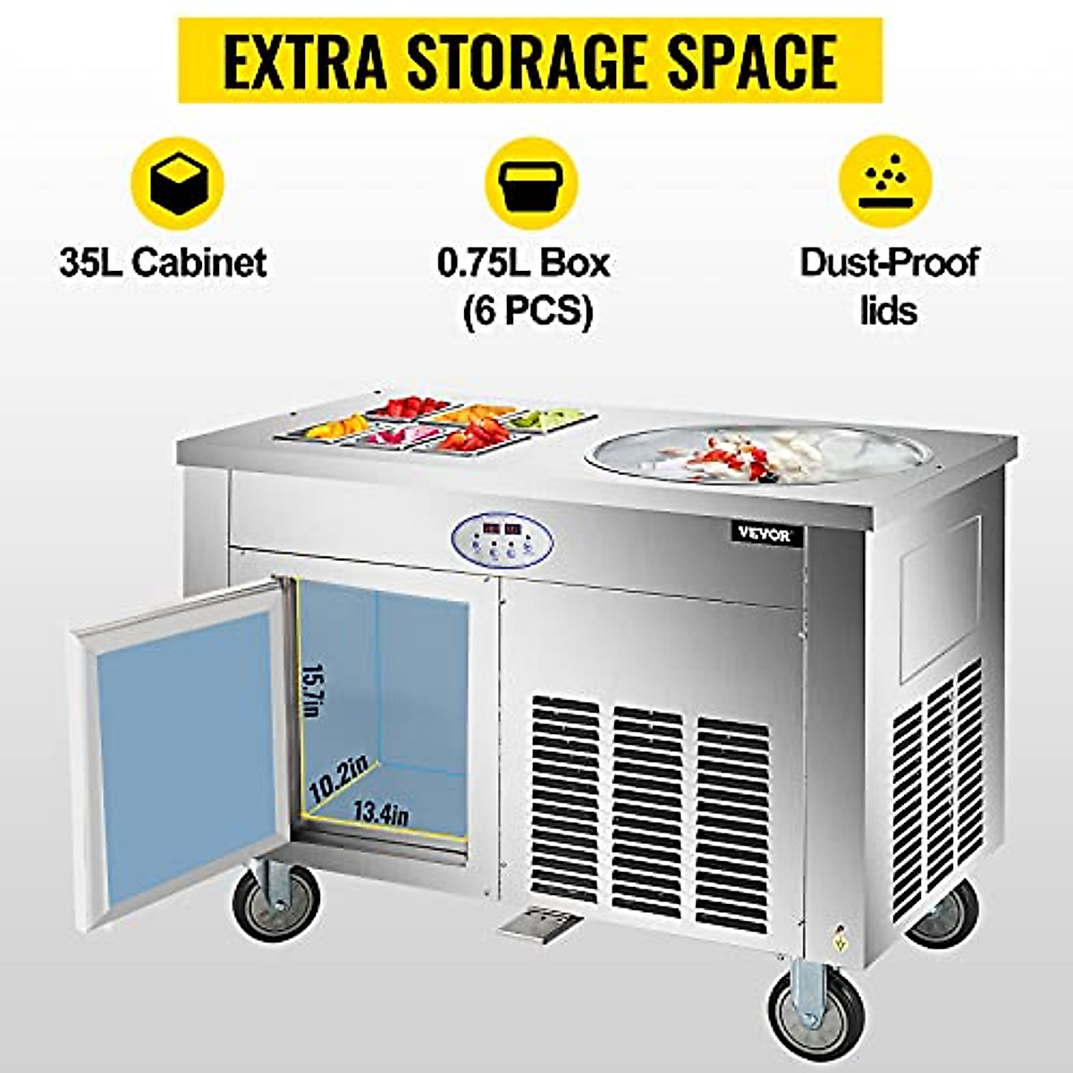 VEVOR Fried Ice Cream Roll Machine, Single Pan Commercial Ice Roll Maker, Stainless Steel Fried Ice Cream Roll Maker w/Refrigerated Cabinet & 6 Boxes, Roll Ice Cream Machine for Bar Cafe Dessert Shop