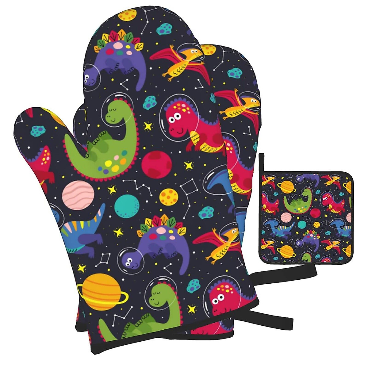 Cute Dinosaur in Space Oven Mitts and Pot Holders Heat Resistant Anti Scald for Kitchen Cooking Baking Grilling Sets of 3