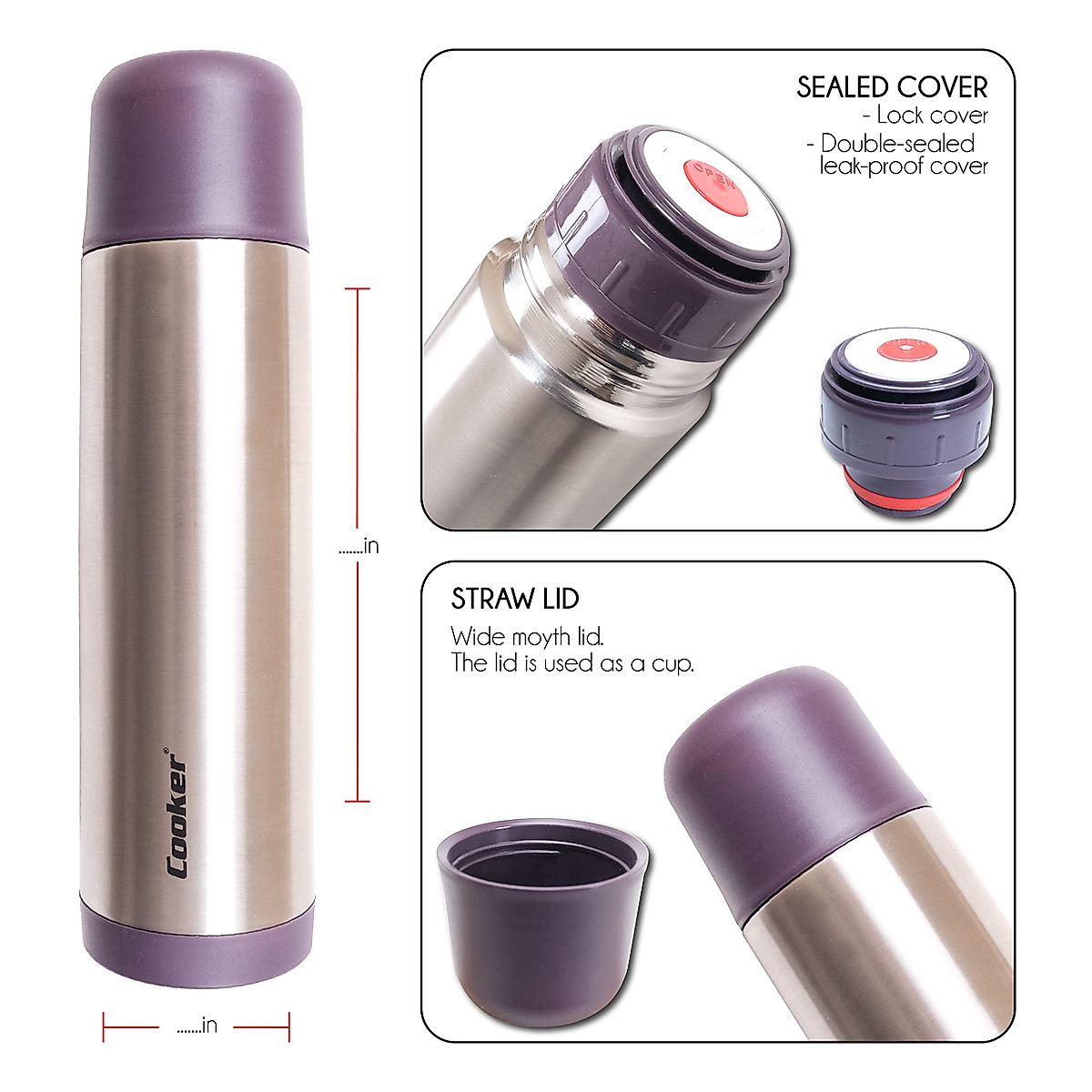 COOKER Double Insulated Thermos, Stainless Steel Thermos for Hot Drinks with Cup, 25 Oz Bpa Free Leakproof Thermos for Tea, Hot & Cold up to 24 Hours