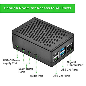 KOOKYE Raspberry Pi 4 Enclosure Black+Type C Power Supply USB-C 5.1V 3A+Heat Sinks+Cooling Fan
