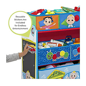 PZCXBFH CoComelon 4-Piece Toddler Playroom Set by – Includes Play Table with Dry Erase Tabletop and 6 Bin Toy Organizer with Reusable Vinyl Cling Stickers, Blue/Multi