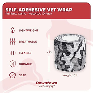 Cohesive Vet Wrap for Dogs, Self Adhesive Bandages in Bulk, Pet Cat Wound Care, Gauss Bandage for Horses by Downtown Pet Supply (Rainbow Camo, 10 Pack)