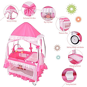 BABY JOY 4 in 1 Pack and Play with Extended Canopy, Portable Baby Playard Bedside Sleeper with Side Zipper Entrance, Wheels & Brake, Baby Girl Pink Bassinet Crib from Newborn to Toddler