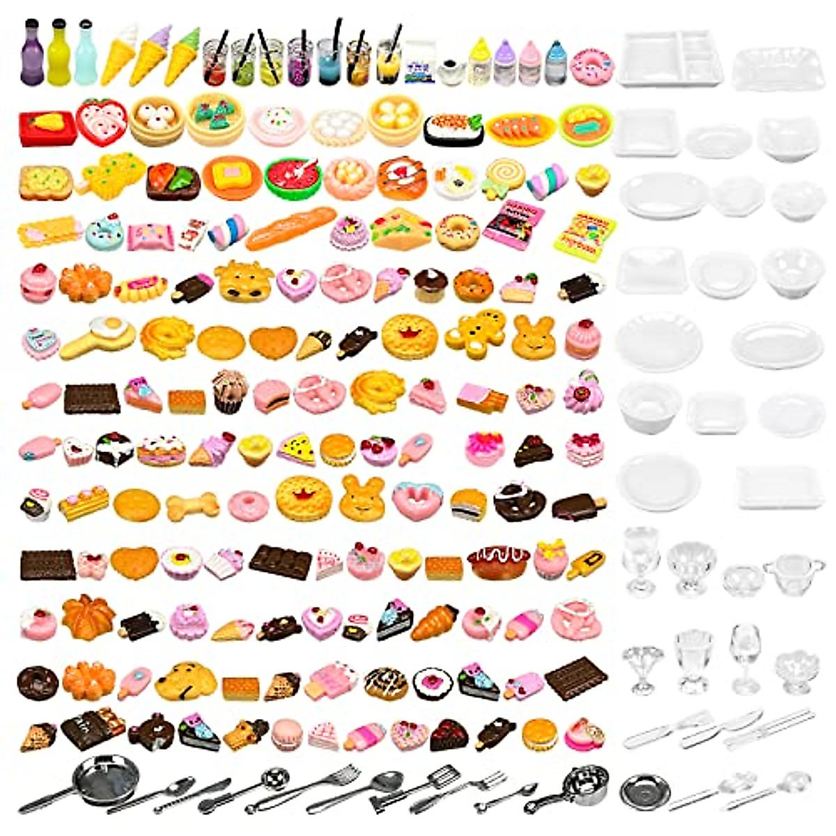 200pcs Miniature Landscape Food Drinks Bottle Mini Toys Doll House Kitchen Play Resin Dollhouse Accessories for Adults Teenagers Cooking Game Hamburger Ice Cream Cake Bread Tableware Party