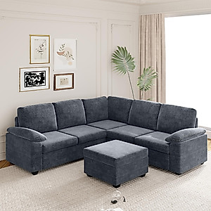 Merax 84"x84" 6 Seat Velvet Sectional Sofa Set, Large L Shaped Corner Couch with Ottoman, Armrest Pillow, Upholstered Indoor Furniture for Living Room, Apartment, Office, Gray