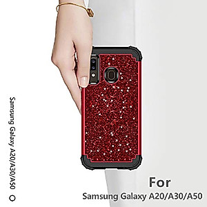Hekodonk for Galaxy A20/A30/A50 Case, Heavy Duty Shockproof Protection Hard Plastic+Silicone Rubber Hybrid Protective Case for Samsung Galaxy A20/A30/A50-Bling Red