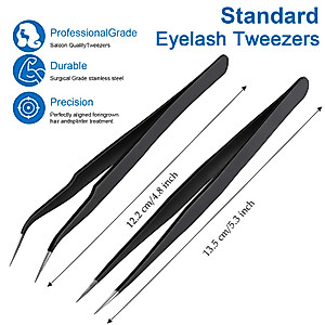 2 Pieces Straight and Curved Tip Tweezers Eyelash Extension Tweezers, Stainless Steel False Lash Application Tools (Black)