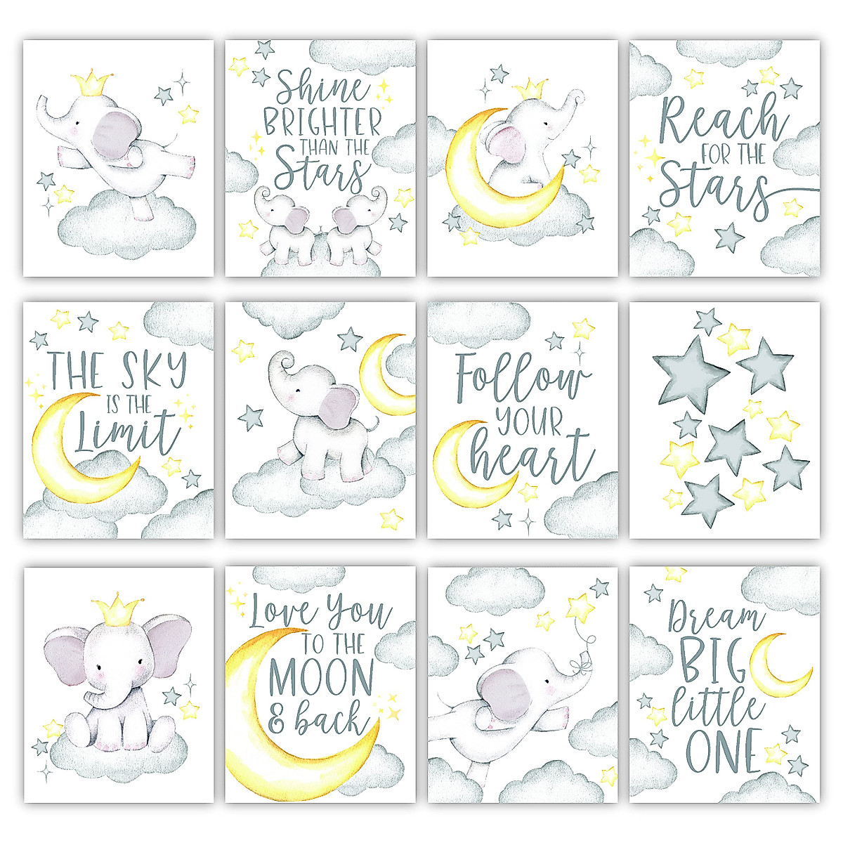 Hadley Designs 6 Reversible 8x10 Elephant Nursery Decor Wall Art Prints For Bedroom Posters, Baby Elephant Baby Shower Decorations For Wall Art Prints, Stars and Moon Nursery Decor