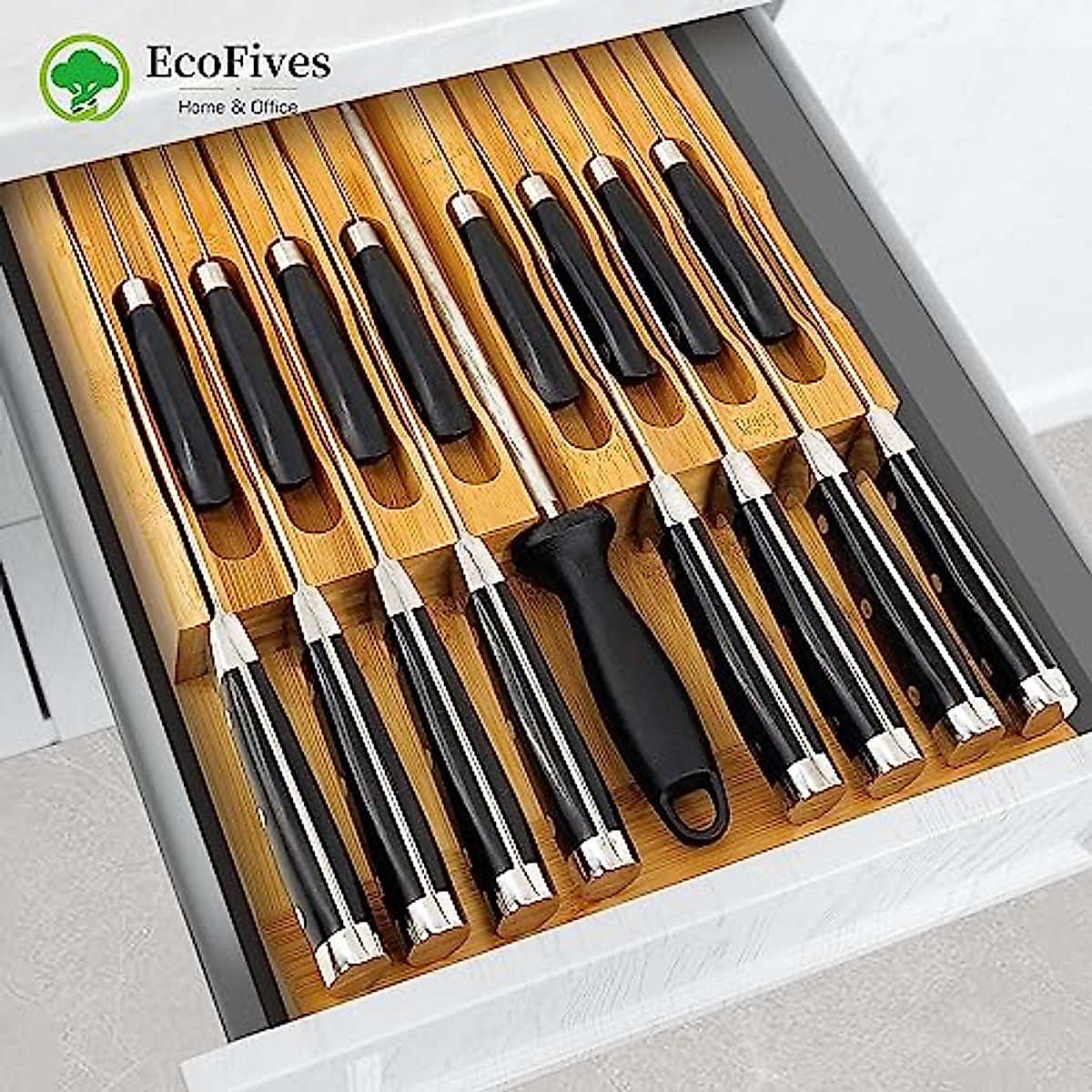 EcoFives In-Drawer Knife Block,Bamboo Knife Drawer Organizer Insert, Kitchen Knife Drawer Storage for 16 Knives a Slot for your Knife Sharpener (Without Knives)