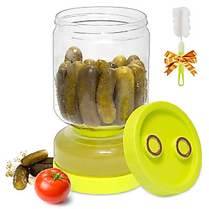 Glass Pickle Jar with Strainer Flip and Brush - 49oz Wide Mouth Hourglass Pickle Container for Wet and Dry Pickle Juice, Pickle Jar with 2 Leak Proof Airtight Lids, Time Recorder Jar, PicFood Storage