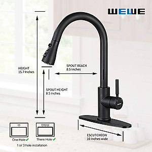 Black Kitchen Faucet, Kitchen Faucets with Pull Down Sprayer WEWE Commercial Stainless Steel Single Handle Single Hole Kitchen Sink Faucet with RO Faucet