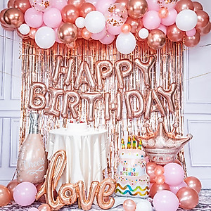 SANERYI Rose Gold Birthday Decorations for Women Happy Pink Balloon Arch Garland Kit Girl Princess Party Supplies Banner Curtains Backdrop Decor
